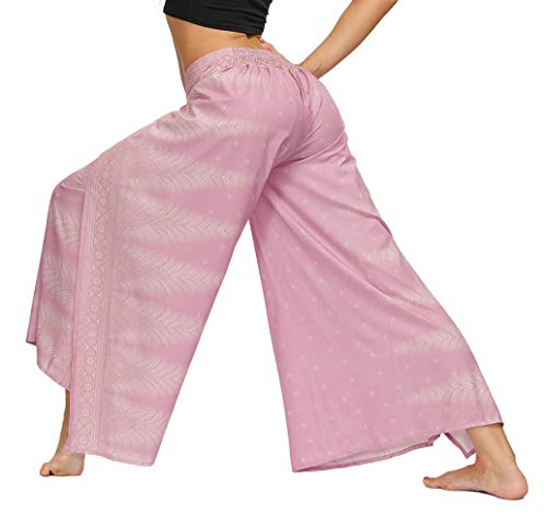 GLUDEAR Womens Palazzo Slit Wide Leg Pants Summer Casual Beach Boho Hippie Bohemian Pilate,Pink Feather,S/M
