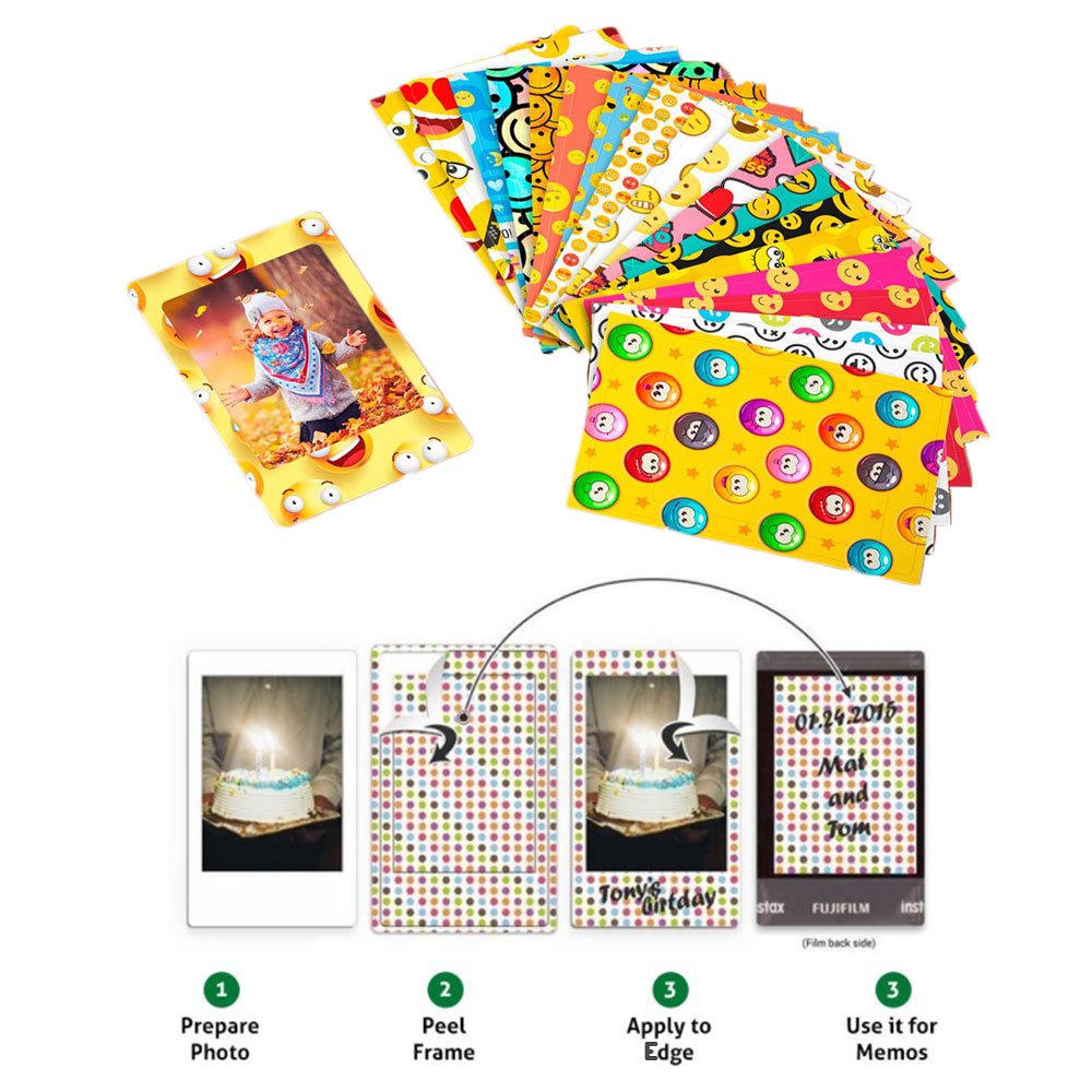Glitter Clear Hard Case for Fuji Instax Mini 9, 8, 8+ Cameras + Album Desk Frame + Photo Peg Pins with Emoji Faces + Scrapbooking Stickers + 20 Sticker Frames for Fuji Instax Prints Emojis Package