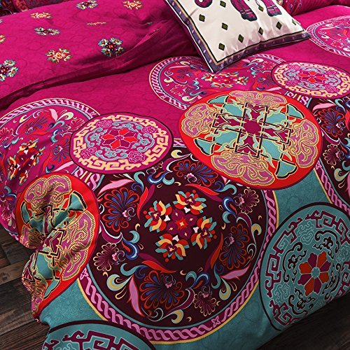 Vaulia Boho Bedding Lightweight Microfiber Duvet Cover Set, Bohemia Exotic Patterns Design, Bright Pink - King Size 3-Piece Set (1 Duvet Cover 2 Pillow Shams)