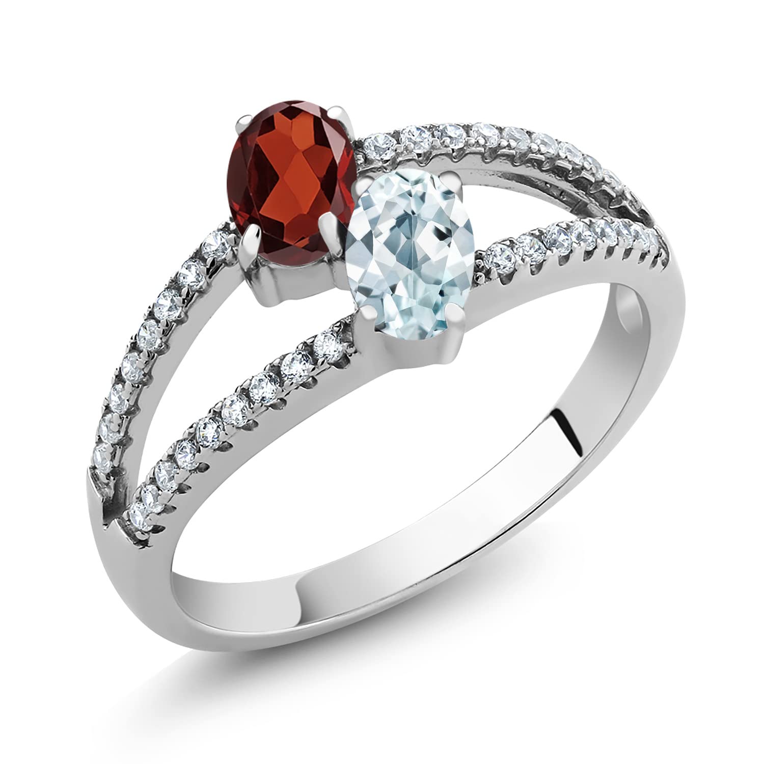 Gem Stone King 925 Sterling Silver Red Garnet and Sky Blue Aquamarine 2 Stone Ring 1.34 Ct Oval Gemstone Birthstone (Size 7)