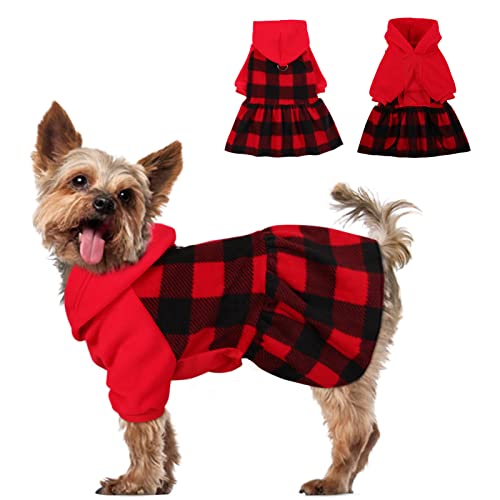 SAWMONG Fleece Dog Hoodie Dresses, Classic Plaid Hooded Puppy Dog Winter Clothes with D-Ring, Thermal Skirt Girl Doggie Vest Sweater Outfits Coat Cat Sweatshirt Apparel, Red and Black, XX-Small