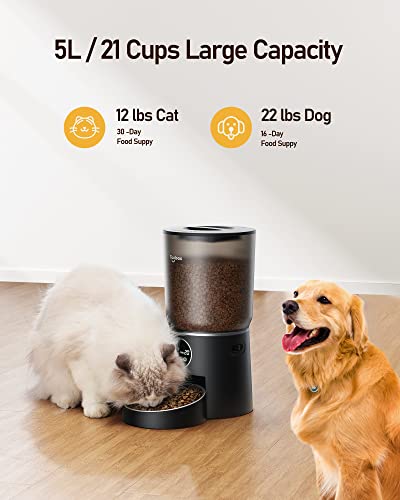 Tccbac Automatic Cat Feeder, 5L Timed Dog Feeder Food Dispenser with Desiccant& Voice Recorder Function, 1-6 Meals Per Day,1-20 Portion Per Meal Stainless Steel Bowl for Pet