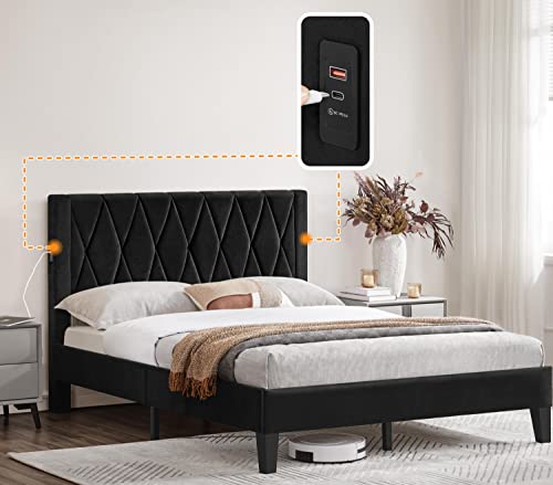 Yaheetech Full Bed Frame Rich Velvet Upholstered Platform Bed with Headboard and 2 USB Charging Stations/Ports for Type A & Type C/Diamond Tufting & Geometric Design/Wood Slat Support, Black Full Bed