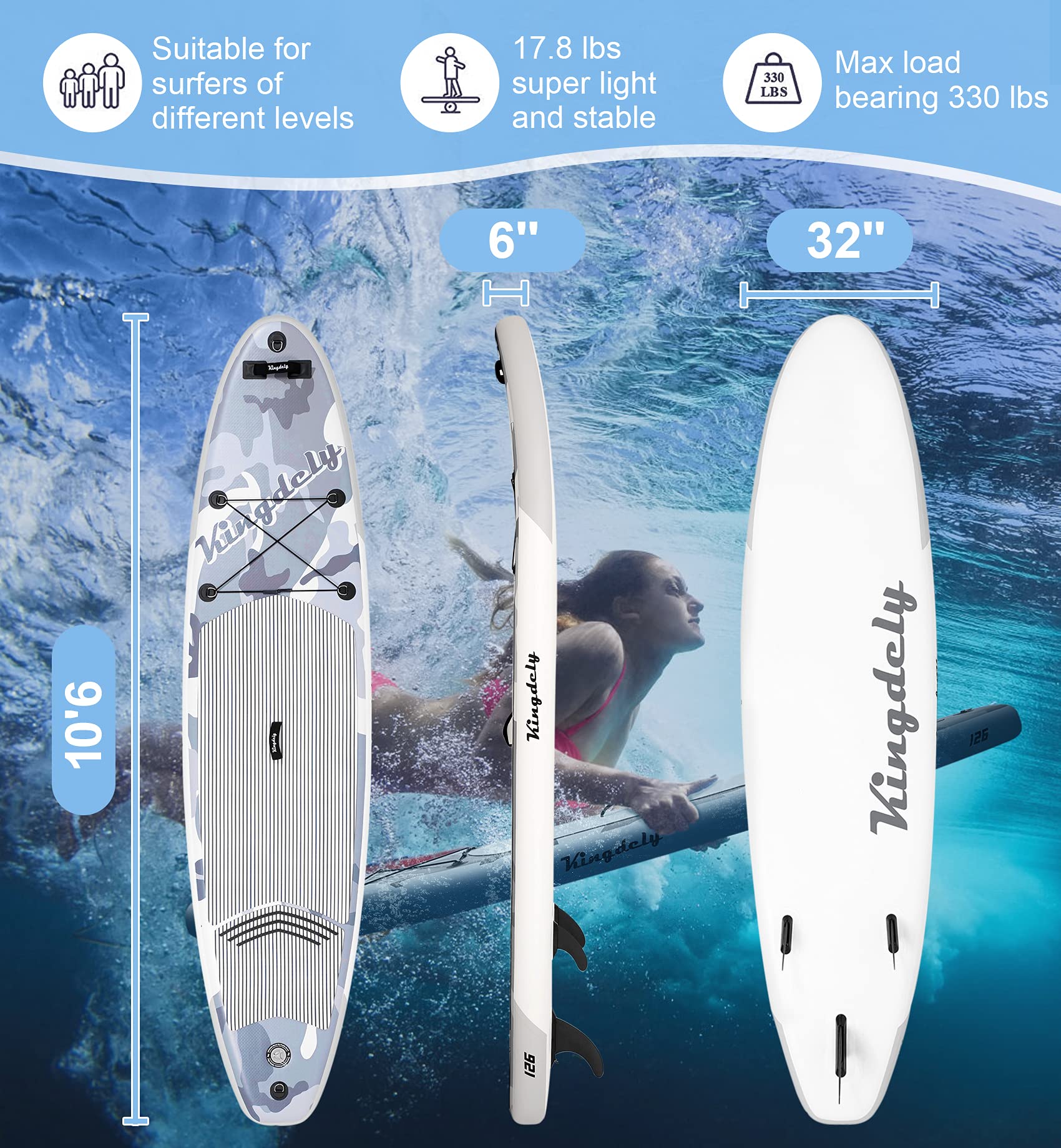 Inflatable Stand Up Paddle Board (6 inches Thick), SUP Paddle Board with Durable Backpack for beginners, Wide Stance, Non-Slip Deck, Surf Control, Paddle, Leash and Pump,10.6ft Gray Sup PaddleBoard