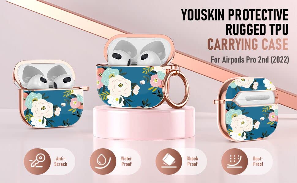 Youskin Airpod Pro 2 Case 2022 Flower Cute, AirPod Pro 2nd Generation Case, Rose Golden Plating Airpods Pro Case with Keychain,Shockproof Protective Case for AirPod Pro 2 2022,Blue Red Flower