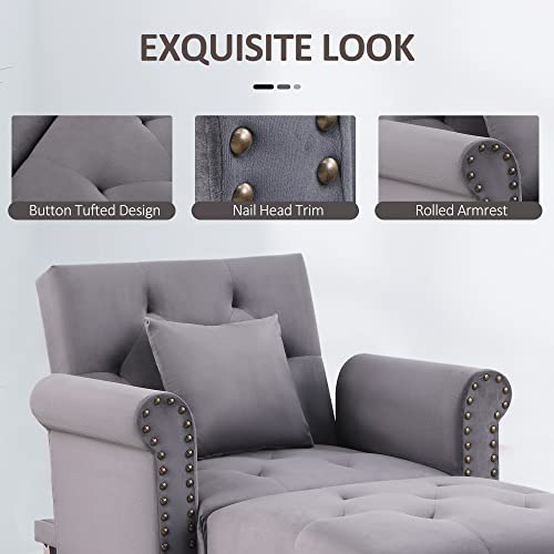 HOMCOM 2-in-1 Chaise Lounge Indoor with Rolled Armrest, Nailhead Trim and Button Tufting, Adjustable Velvet Fabric Upholstered Sofa for Bedroom and Living Room, Red