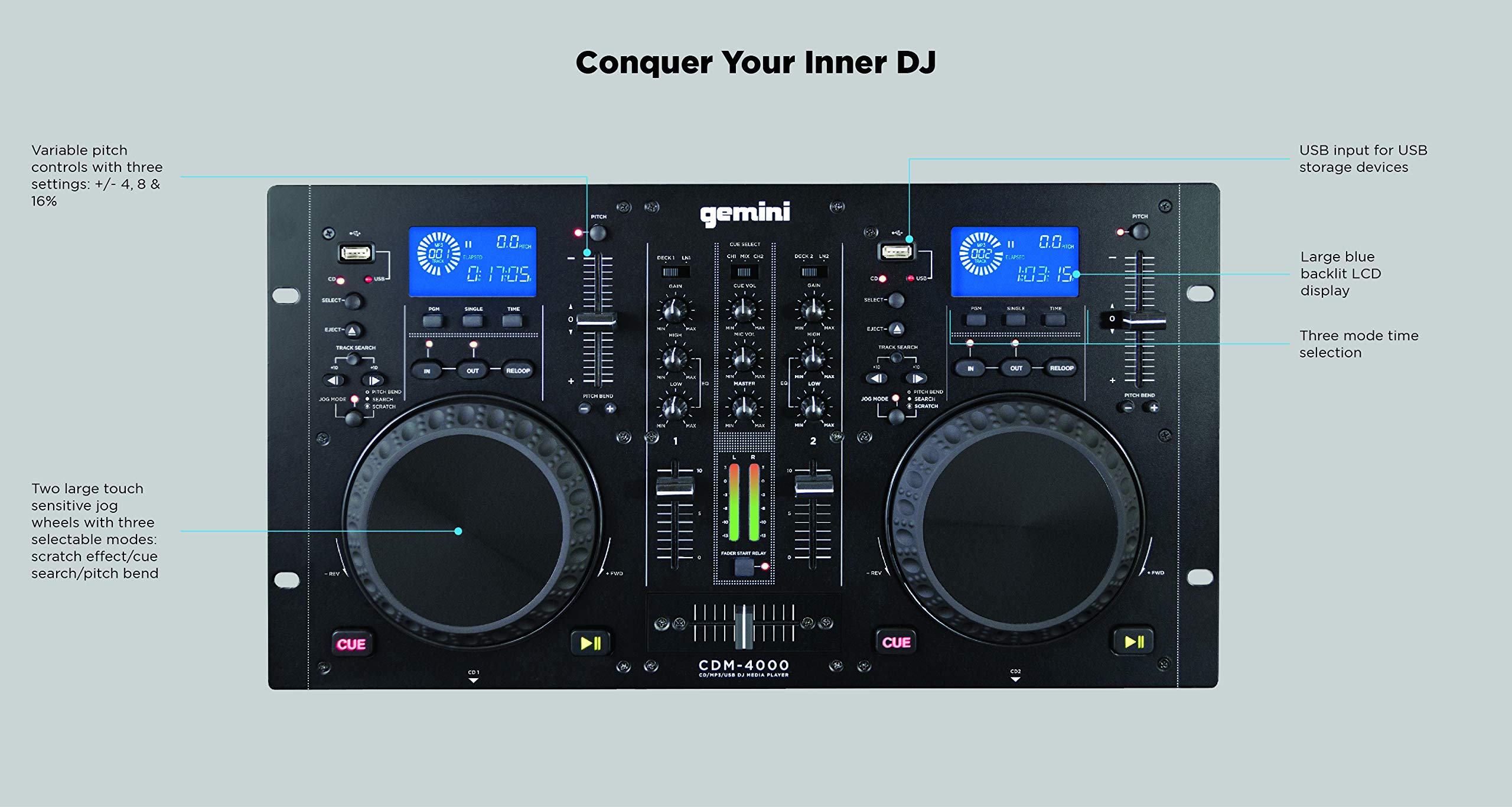 Gemini CDM Series CDM-4000 Professional Audio CD/MP3/USB DJ Media Player Console with Dual Jog Wheel, LCD Screen, Anti-Shock