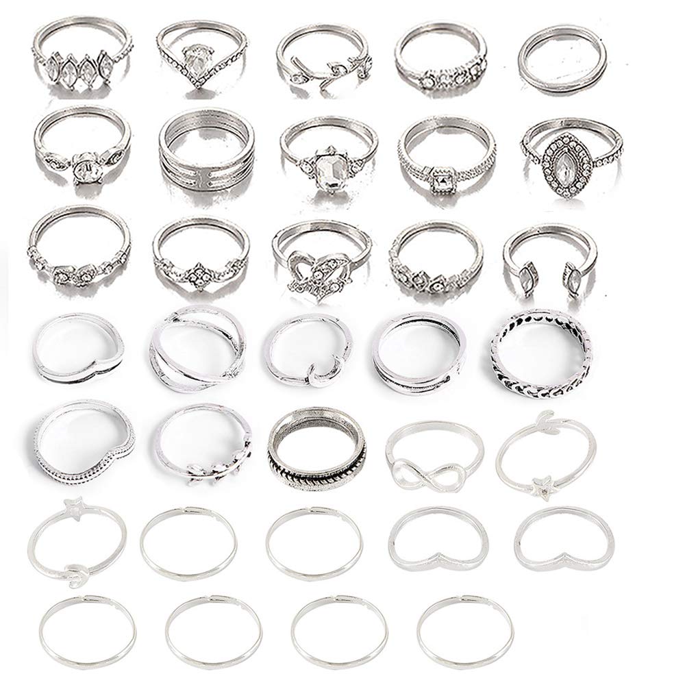 HUJUON 27-34PCS Knuckle Rings Set for Women Stackable Finger Ring Sets Vintage Joint Midi Rings Gold/Silver Star Moon Stacking Rings (34PCS)
