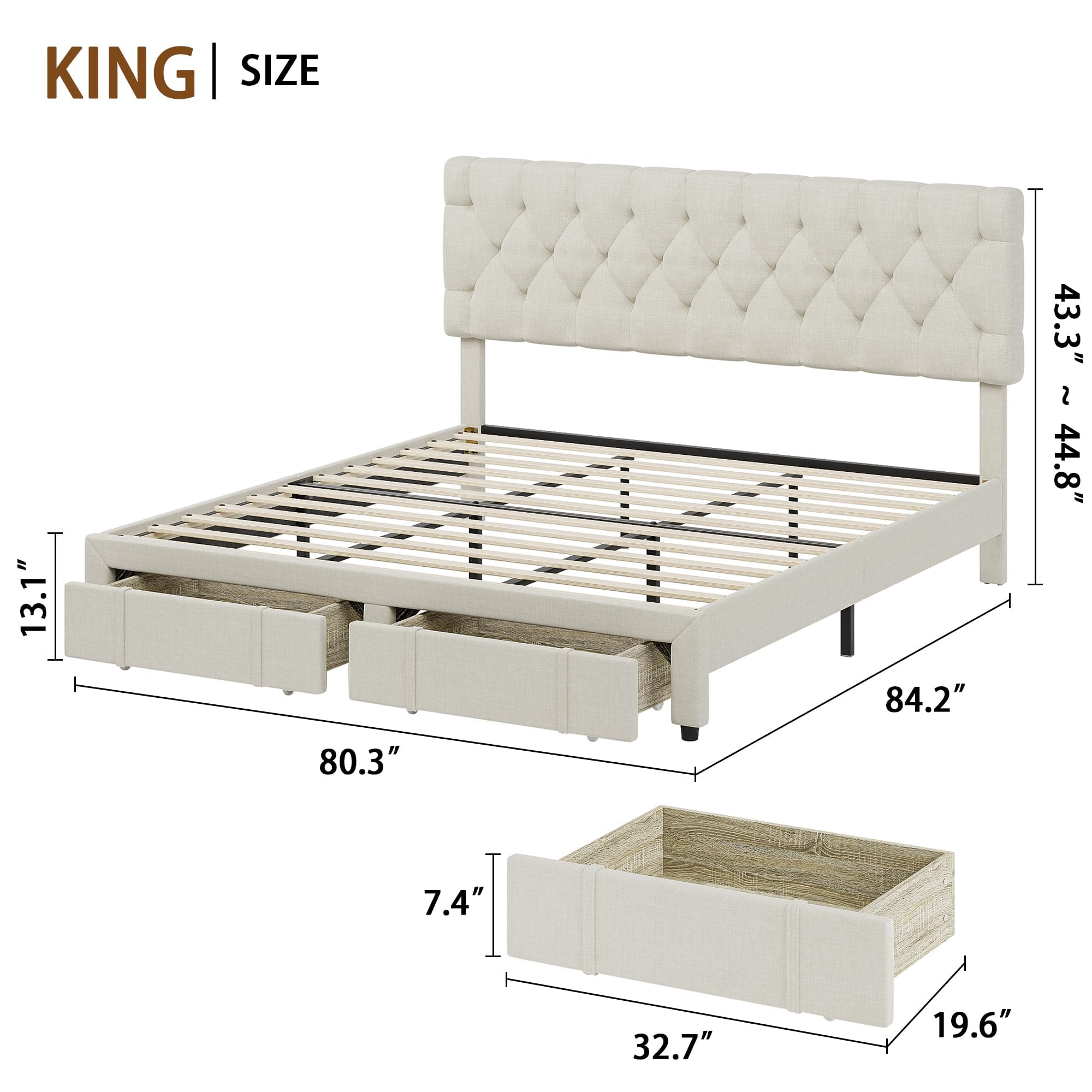 GAOMON King Size Bed Frame with 2 Storage Drawers, Upholstered Platform Bed Frame with Adjustable Button Tufted Headboard, No Box Spring Needed, Mattress Foundation with Solid Wooden Slats Support