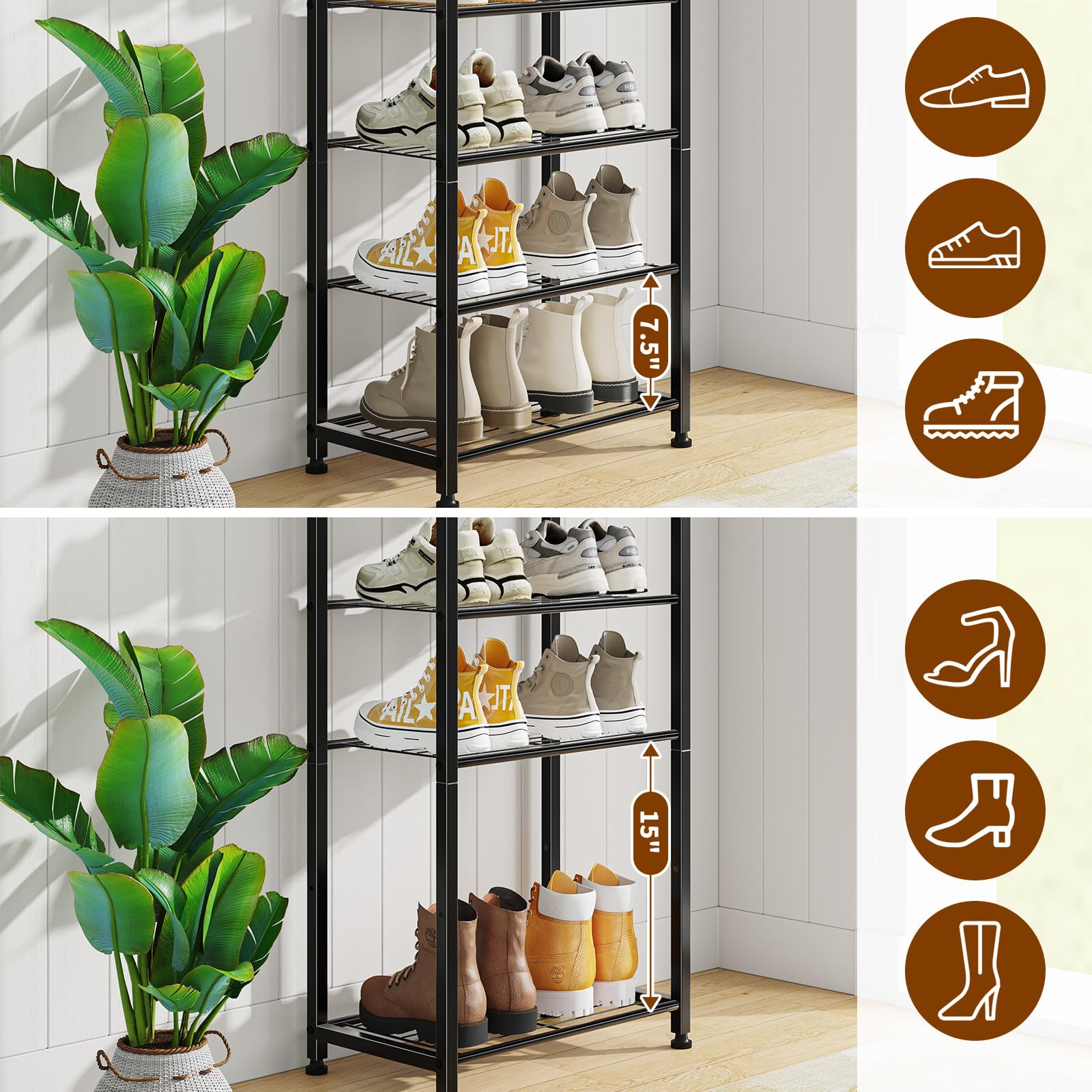 Simple Trending 8 Tiers Shoe Rack 16 Pairs Tall Wooden Plank Shoe Shelf with Hooks for Closet Entryway Organizer Sturdy Free Standing Shoe Storage Cabinet,Black