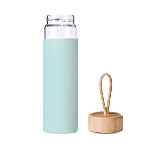 Yomious 20 Oz Borosilicate Glass Water Bottle with Bamboo Lid and Silicone Sleeve – Reusable BPA Free – Glass Drinking Bottle with Lids - Cute Glass Bottle for Women - Glass Shaker Bottle