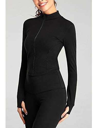 Tanming Women's Full Zip Seamless Workout Jacket Running Yoga Slim Fit Track Jacket (Black-S)