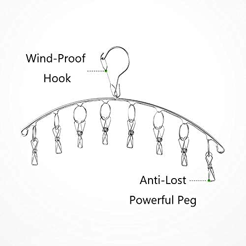 WudTus Clothes Hanger with 10 Clips, Stainless Steel, Windproof, for Drying Socks, Bras, Underwears, Baby Clothes, Hats, Scarfs, Towels, Pants and Gloves (4 Pack)