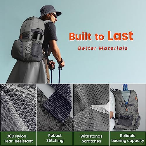 Yeendibo 33L Hiking Backpack with Portable-Rest Station for Camping/Travel/Outdoors, Versatile & Lightweight Foldable Daypack for Men/Women (Grey, Non-waterproof)