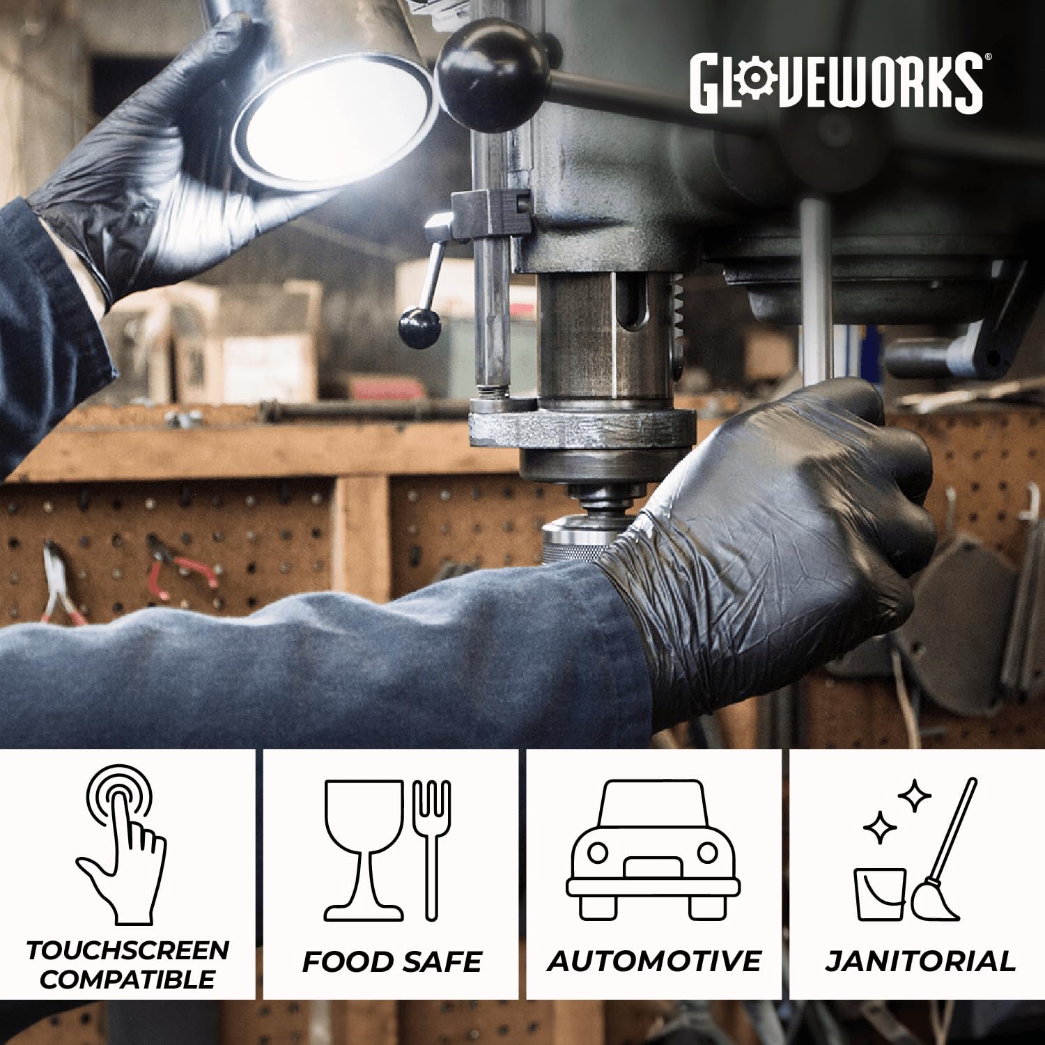 GLOVEWORKS Black Disposable Nitrile Industrial Gloves, 5 Mil, Latex & Powder-Free, Food-Safe, Textured, Large, 2 Boxes of 100