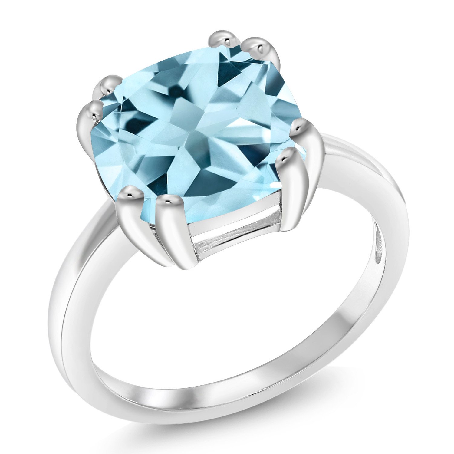 Gem Stone King 925 Sterling Silver Sky Blue Topaz Engagement Ring | Double Prong Ring for Women | 4.25 Cttw | Cushion Cut 10MM | Gemstone Birthstone | Available in size 5, 6, 7, 8, 9