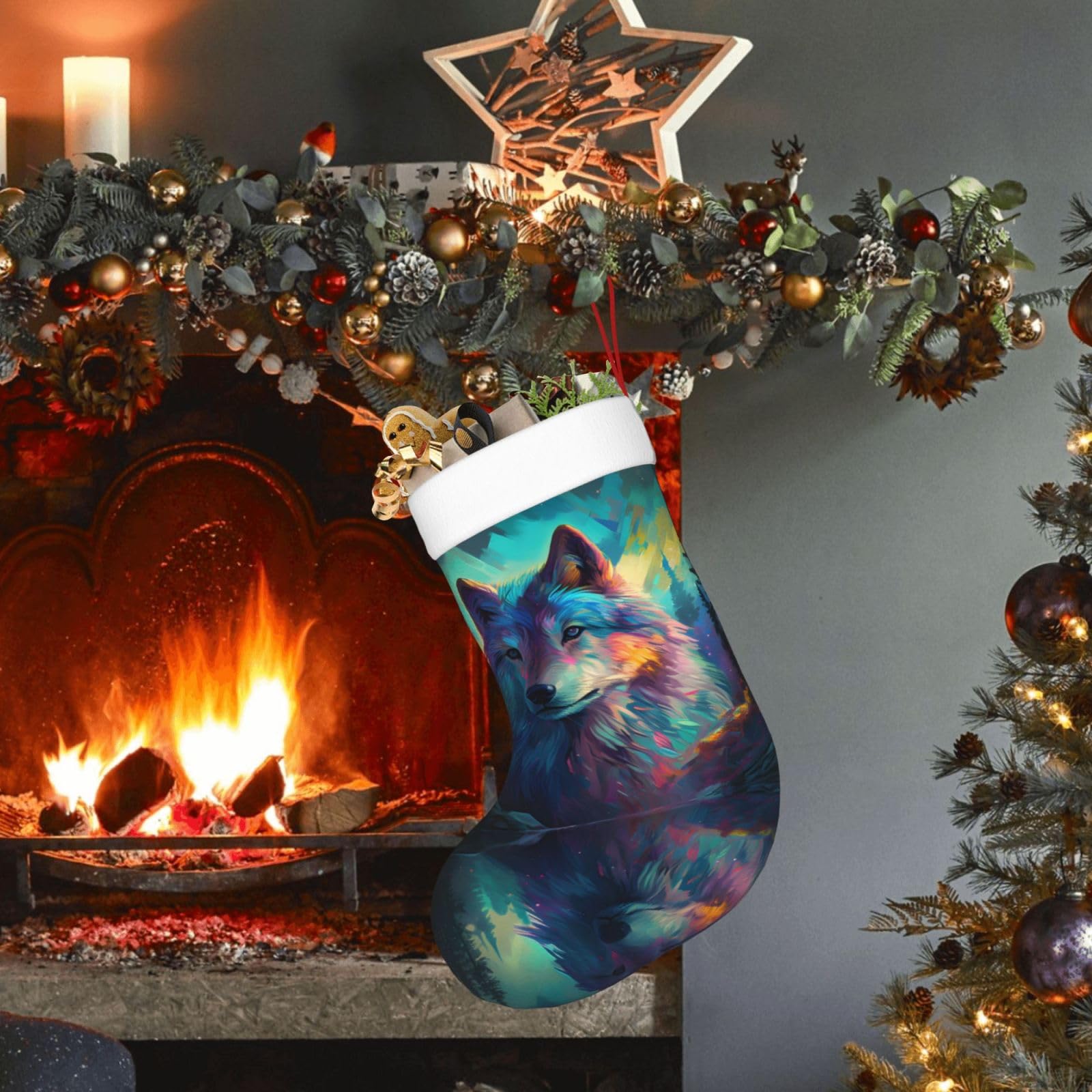 FYCFSLMY Native American Indians and Wolves Large Christmas Stockings, Xmas Tree Fireplace Hanging Decorations for Home Holiday Decor
