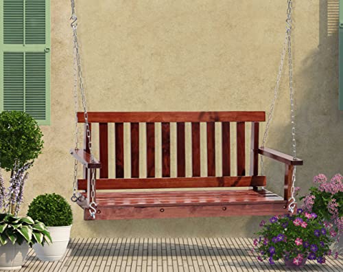 Wooden Porch Swing Chair, 48" Patio Swing Hanging Chair Outdoor Swings for Adults/Kids, Heavy Duty Swing Outdoor Swing with Hanging Chains & Reclined Backrest for Outdoor Patio Garden Yard, 800 lbs