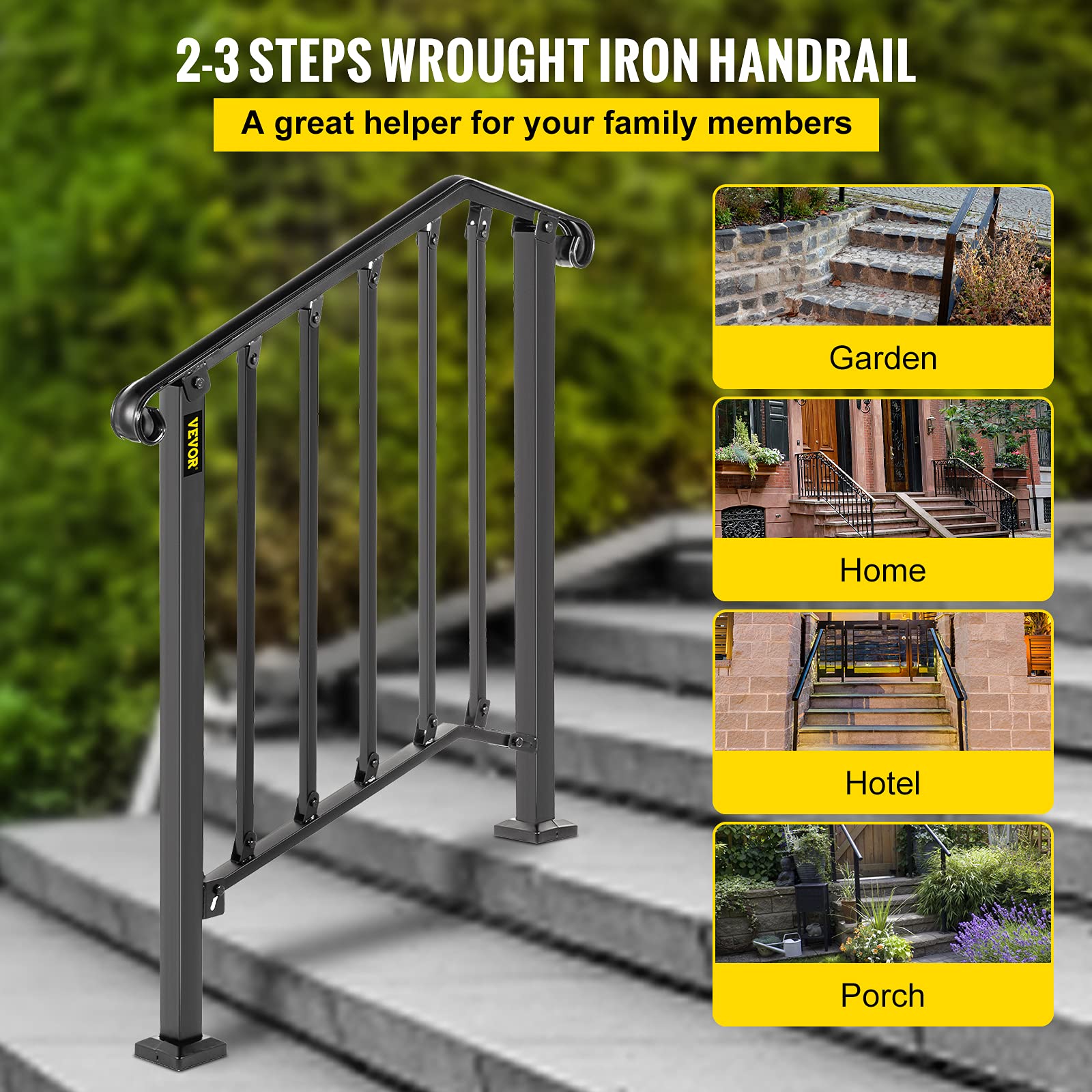 Happybuy Handrails for Outdoor Steps, Fit 2 or 3 Steps Outdoor Stair Railing, Picket#2 Wrought Iron Handrail, Flexible Porch Railing, Black Transitional Handrails for Concrete Steps or Wooden Stairs