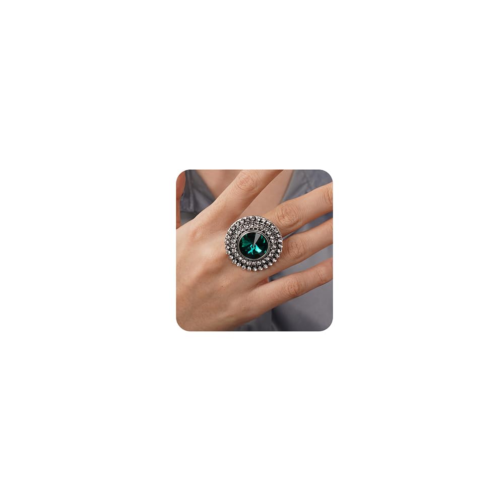 Jumwrit Vintage Knuckle Ring Open Band Ring Silver Rhinestone Ring Big Round Ring Adjustable Finger Ring Carved Ring Indian Ring for Women๏ผGreen๏ผ