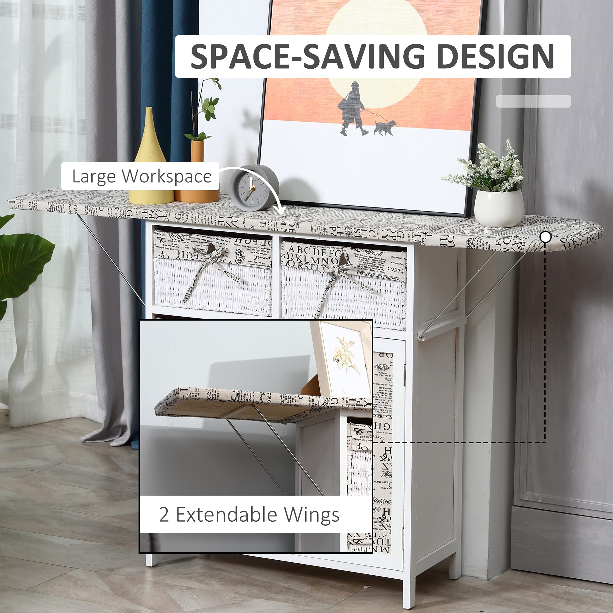 HOMCOM Drop Leaf Ironing Board with Shelves and Storage Boxes - Literary Print