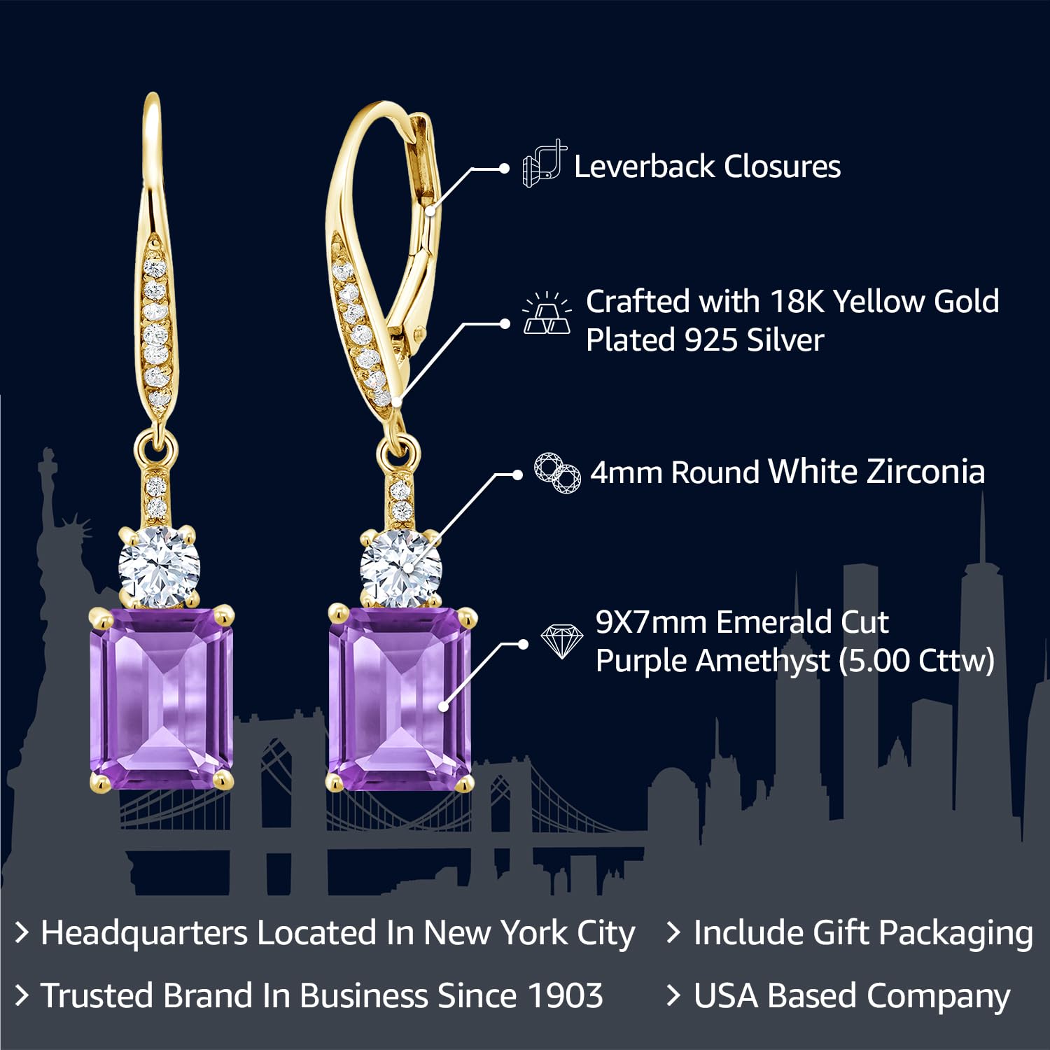Gem Stone King 18K Yellow Gold Plated Silver Purple Amethyst Dangle Earrings For Women (5.00 Cttw, Gemstone February Birthstone, Emerald Cut 9X7MM)