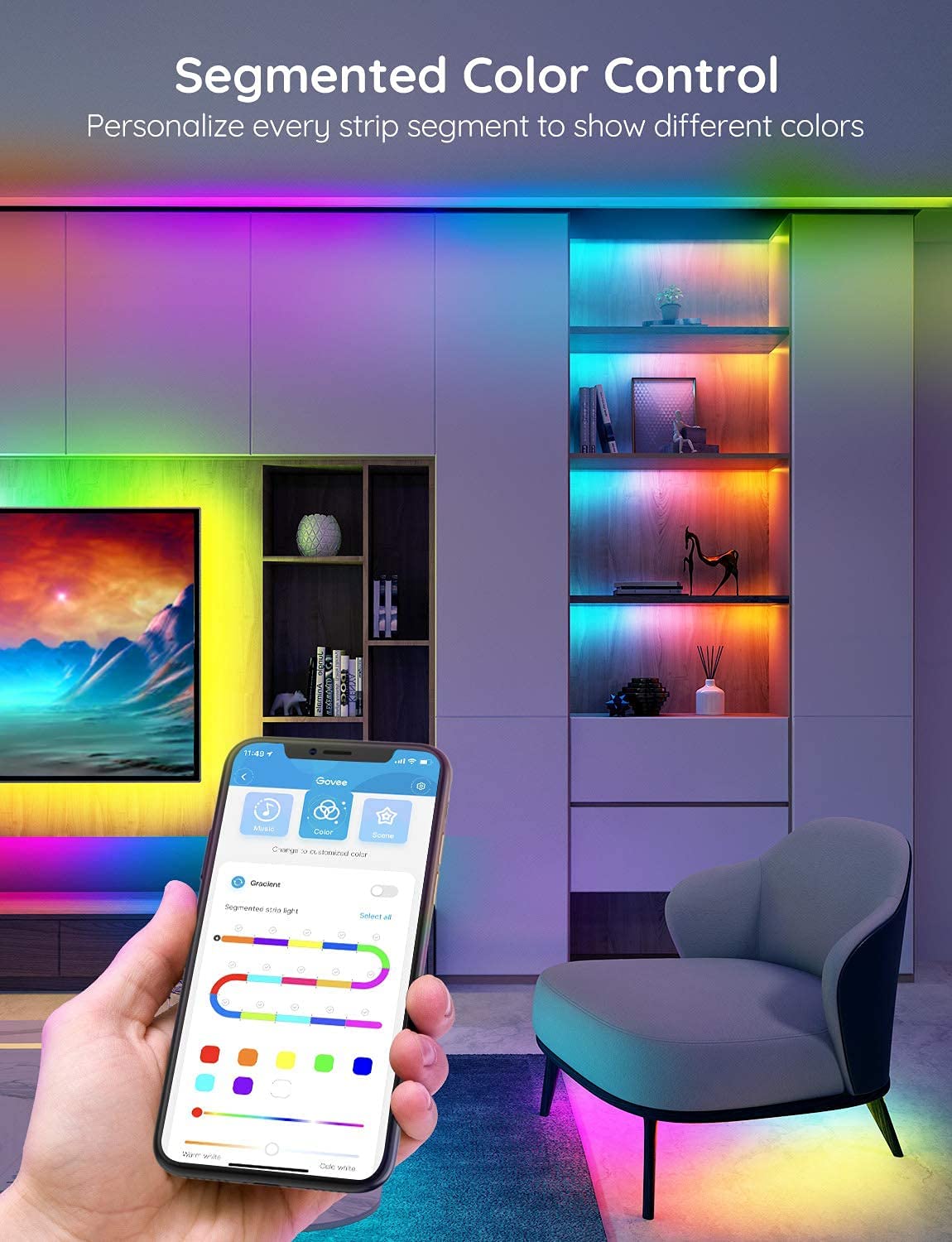 Govee 16.4ft RGBIC LED Strip Lights, Segmented Control, App Control, Remote and Control Box, Enhanced Music Mode, Scene Modes, LED Light Stip for Parties, Room, Kitchen, Holiday, Home Decor