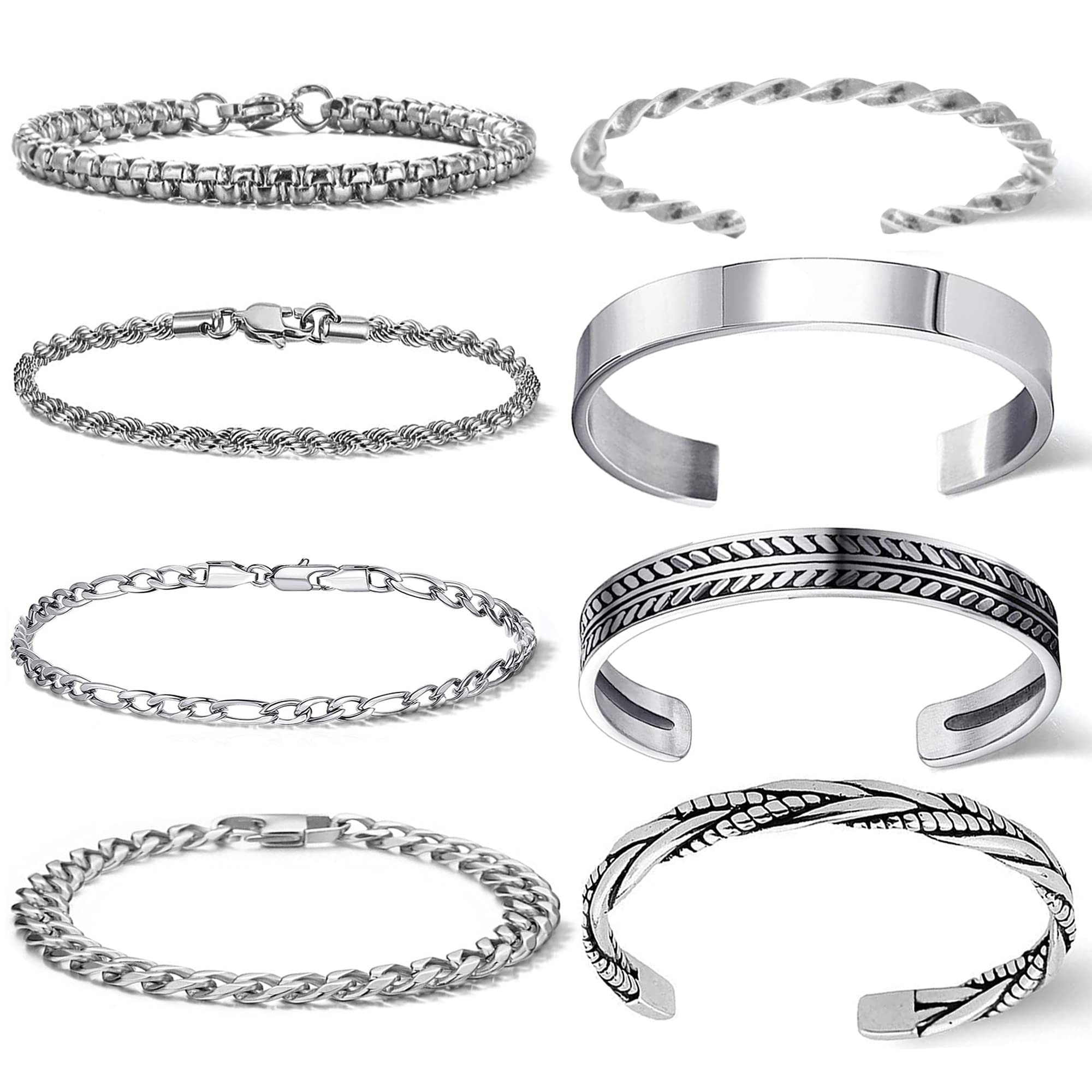 GIFIKOI Men's Cuff Bracelets Stainless Steel Silver Chain Bracelet for Men Silver Open Cuff Bracelet