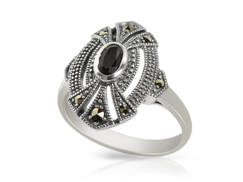 Gemondo 925 Sterling Silver Black Onyx & Marcasite Art Deco Ring