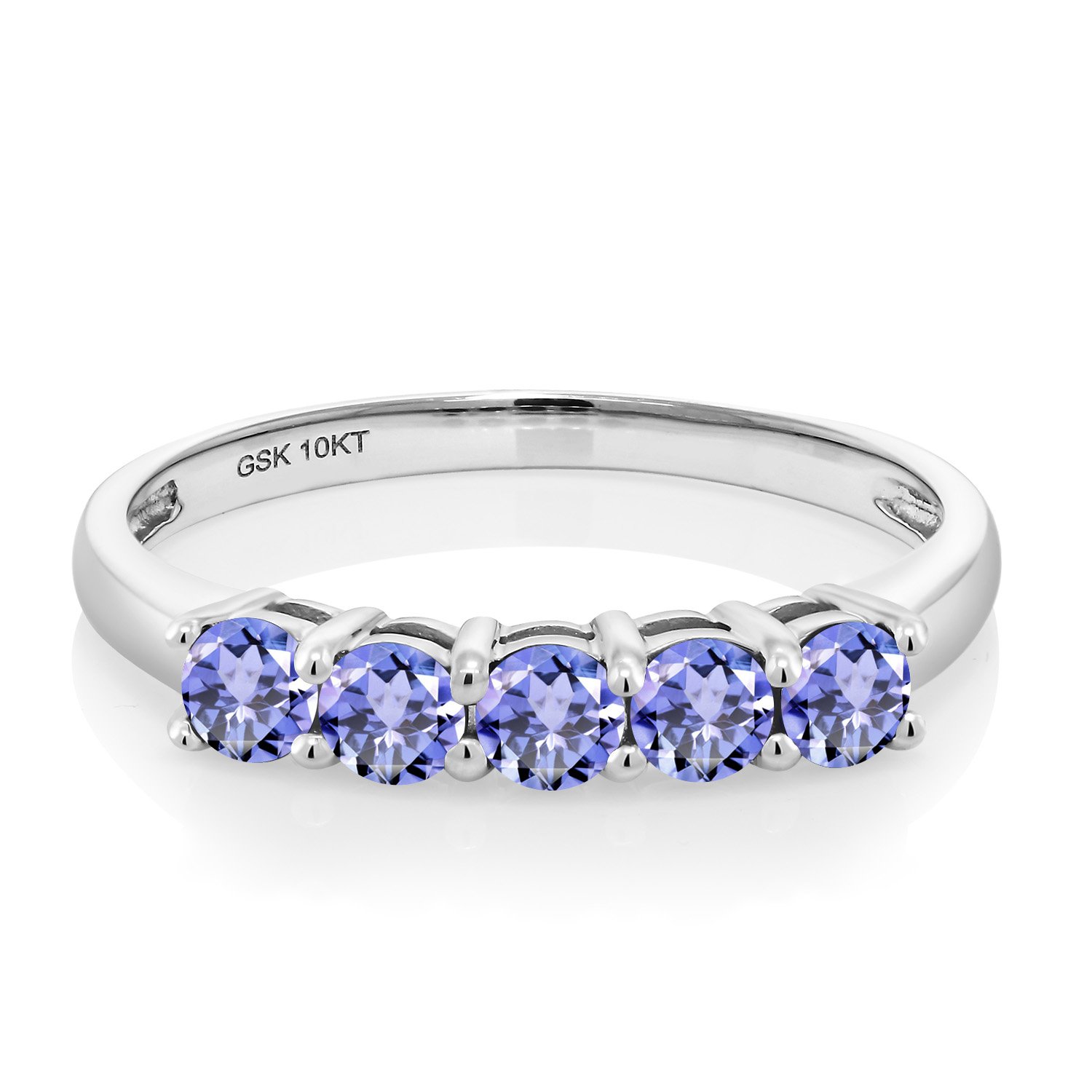 Gem Stone King 10K White Gold Blue Tanzanite 5 Stone Wedding Engagement Anniversary Promise Ring For Women (0.60 Cttw, Round 3MM, Gemstone December Birthstone, Available In Size 5, 6, 7, 8, 9)