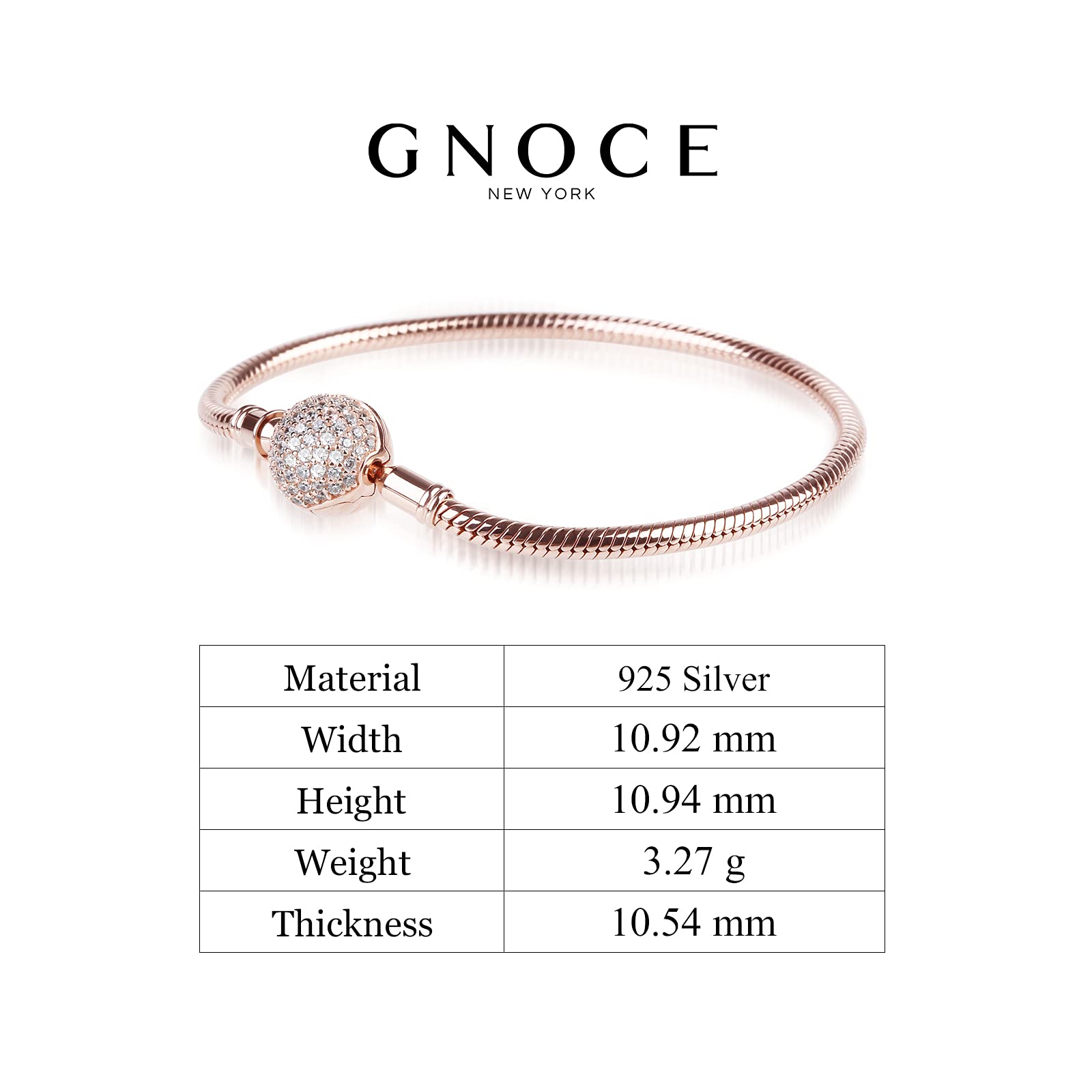 GNOCE Charm Bracelet Sterling Silver Rose Gold Plated DIY Snake Chain Endearing Gifts For Her Basic Charm Bracelet Dainty Bangle with Crystal Round Shape Clasp (2Rose Gold, 7.5)