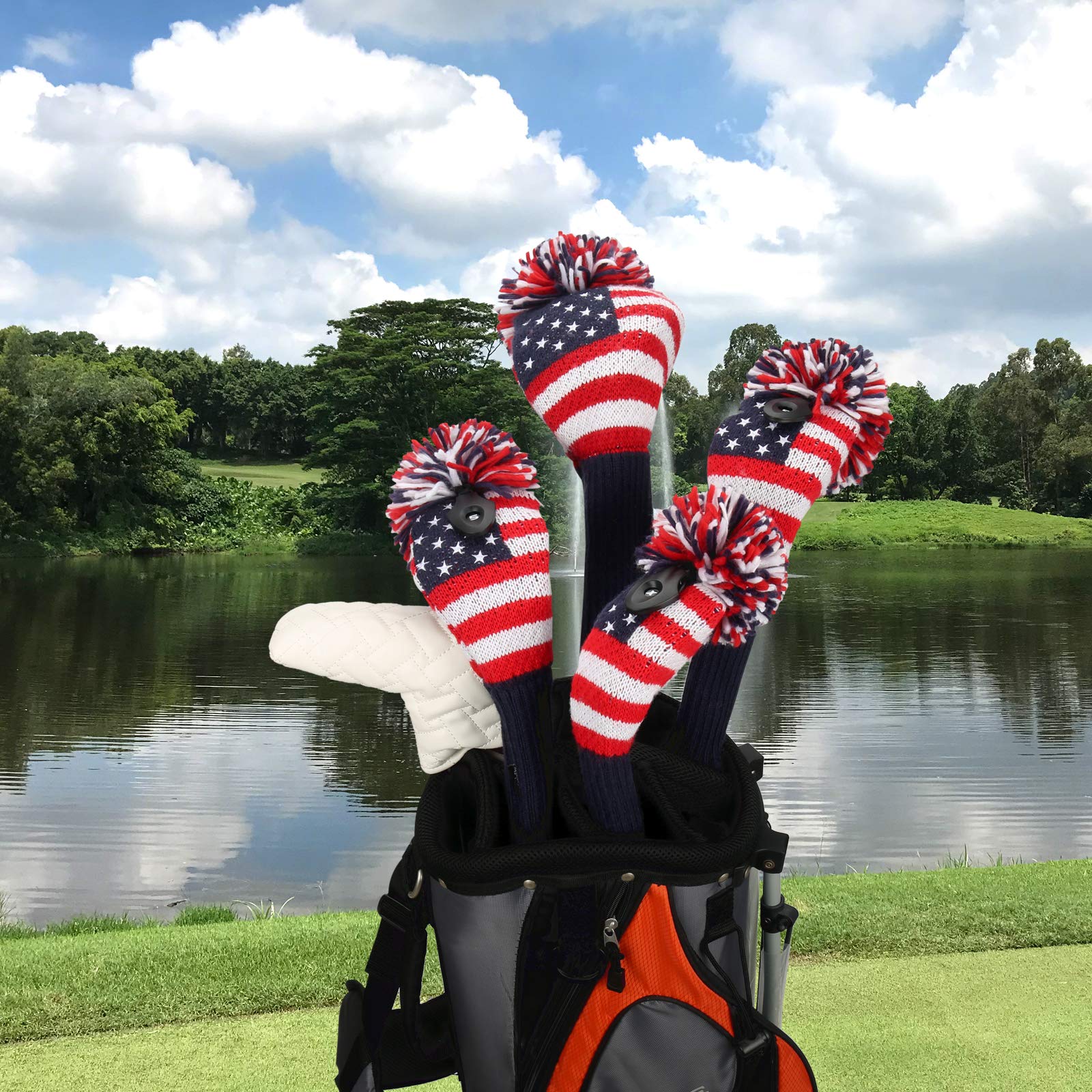 Golf Head Covers (3PCS) Driver Fairway #3 Hybrid Knit Pom Pom White Blue Red USA Flag Desin with Number Tag