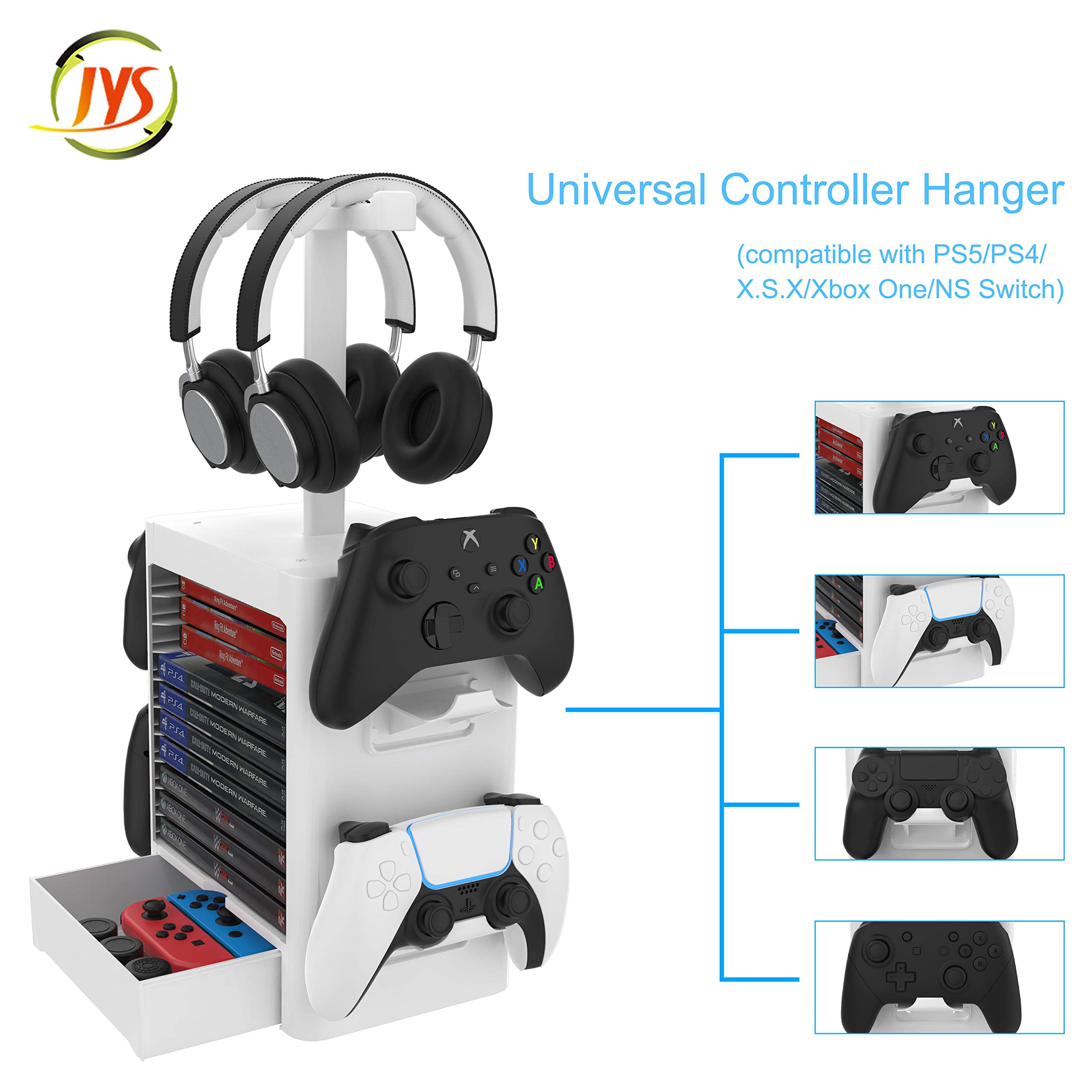 Headset Storage Tower and Game Organizer (up to 10 Games) Compatible with PS5 PS4 Playstation/Xbox Series S & X/Switch Accessories, Headphones, Game Discs, for Joy Cons, DualSense, Controllers, White