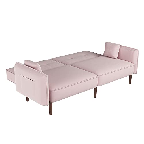 Sofa Bed, HABITTRIO 75" Modern Pink Fabric Upholstered 3-Seater Sleeper Couch with Adjustable Splict-Back Design, 2 Side Pockets, 2 Toss Pillows, Fit for Small Living Room, Apartment