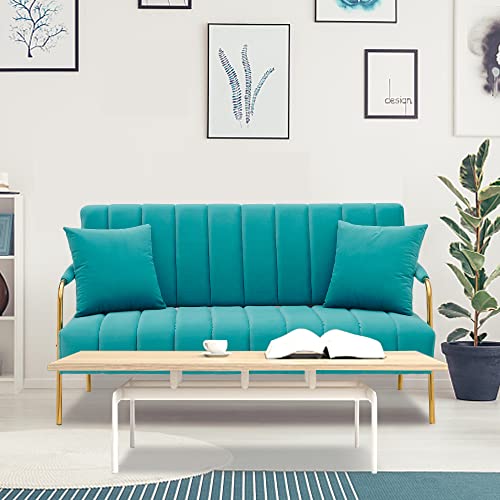 Yoluckea Cashmere Loveseat Chair Modern Loveseat Sofa with Gold-Finished Metal Legs Comfortable Sofa Couch Accent Sofa with 2 Small Pillows for Living Room Bedroom Load 500 Pounds (Blue)