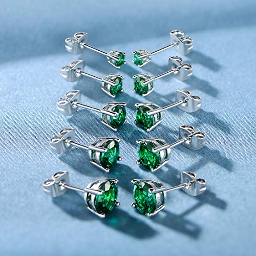 GEMSME 18K White Gold Plated Round Green Sapphire Stud Earrings Pack of 5