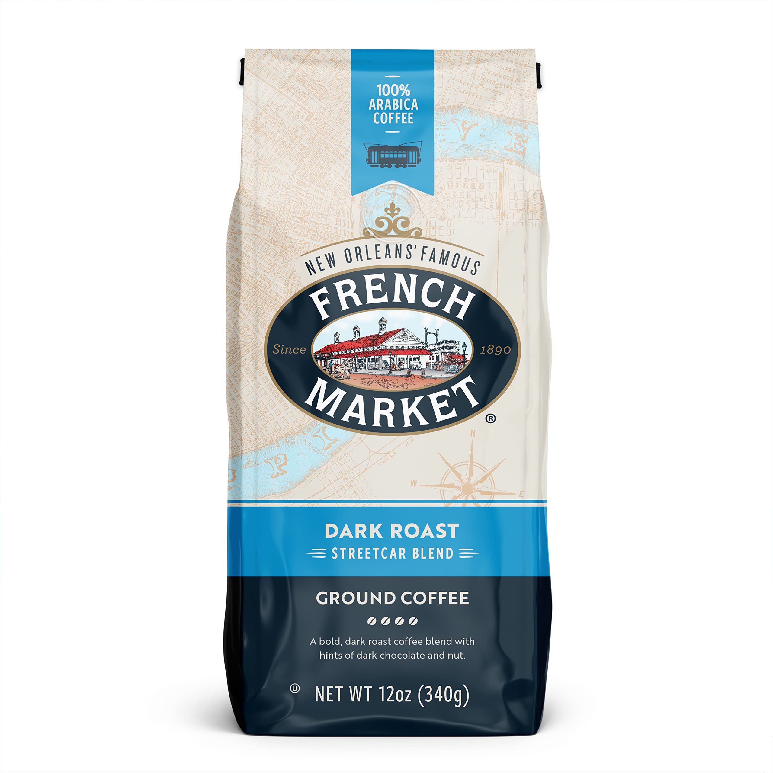 French Market Coffee, Streetcar Blend, Dark Roast Ground Coffee, 12 Ounce Bag