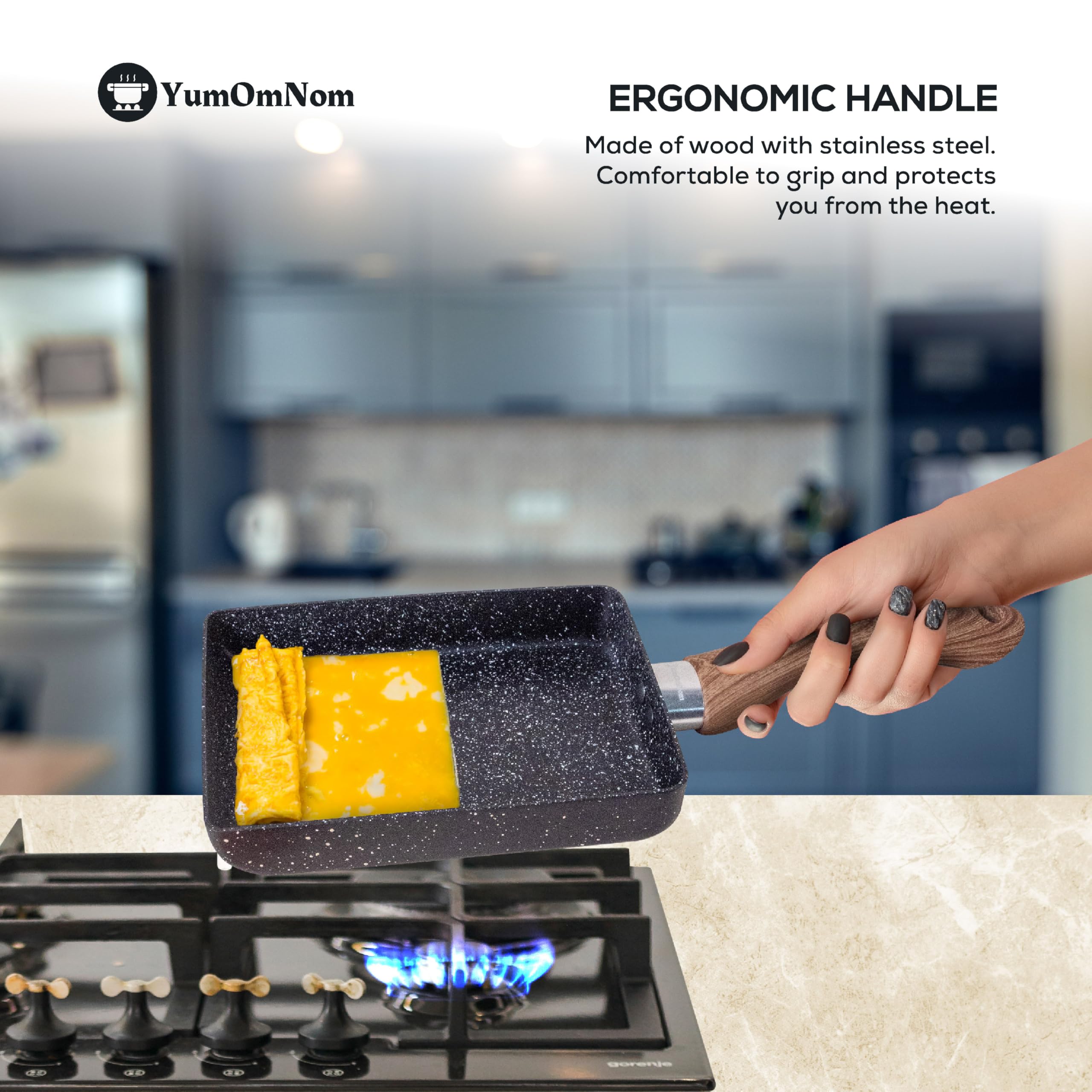 YumOmNom Tamagoyaki Pan with Lid, Japanese Cookware, Egg Pan, Rectangle Frying Pan, Kitchen Accessories, Square Pan, Omelette Maker Nonstick (With Glass Lid)