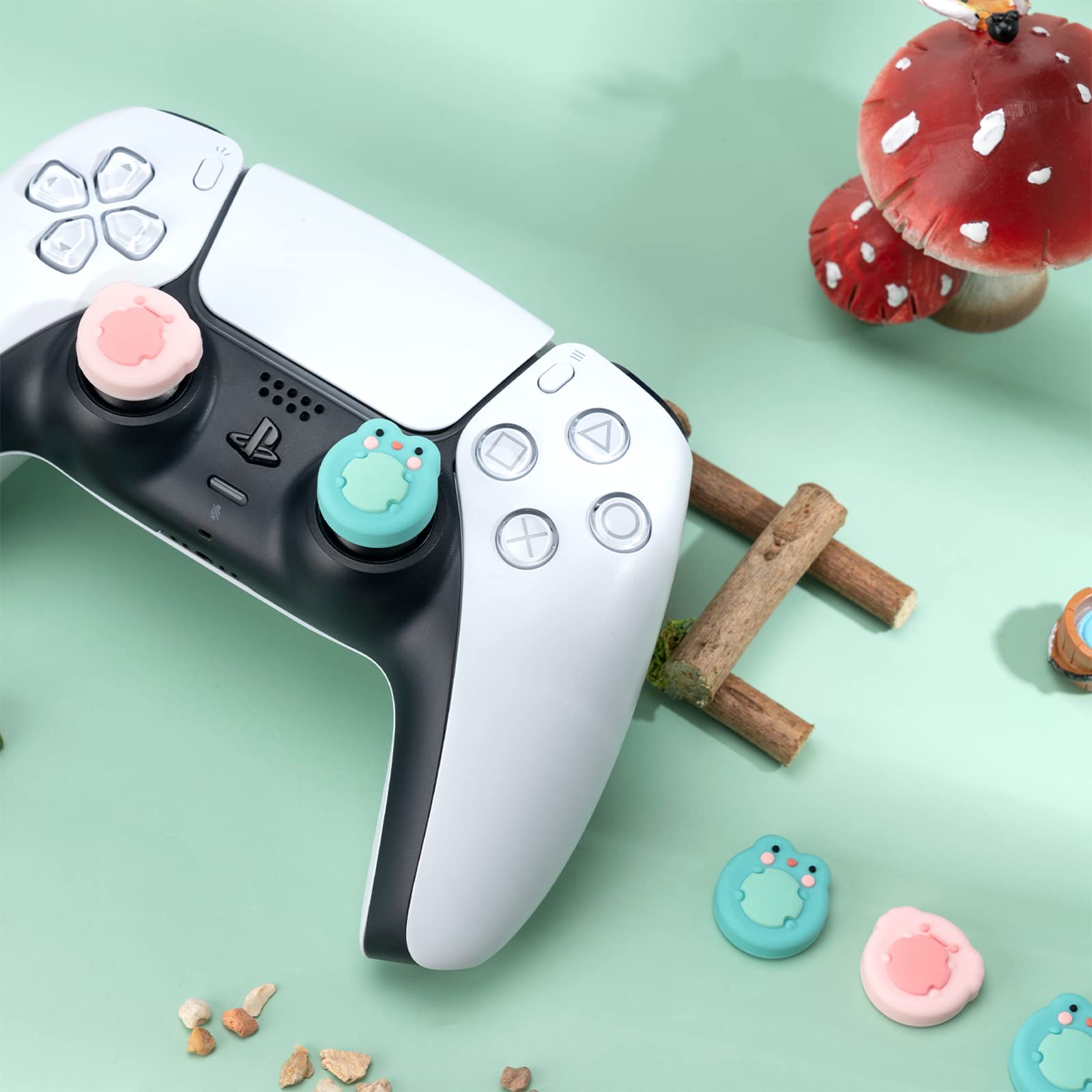 GeekShare Cute Thumb Grip Caps for Playstation 5 Controller, Thumbsticks Cover Set Compatible with Switch Pro Controller and PS4 PS5 Controller, 4Pcs - Frog & Axolotl