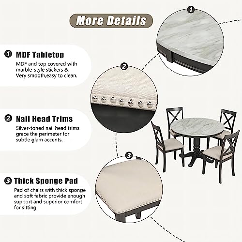 Xshelley Dining Table Set for 4, 5 Piece Dining Table Set with Faux Marble Finished Table and 4 Upholstered Chairs, Modern Dining Table Set for Kitchen Dining Room Living Room (Grey)