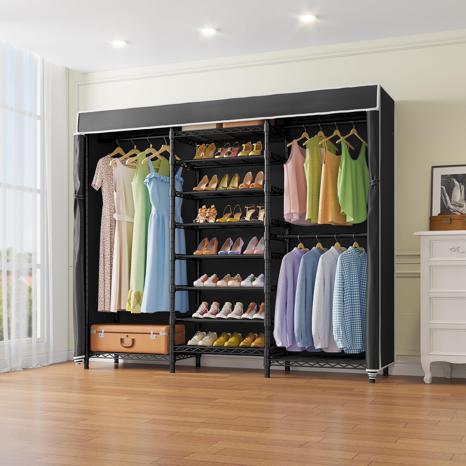 VIPEK S3C Heavy Duty Portable Closet with Adjustable Shoe Rack Wire Shelf, Large Wardrobe Organizer for Bedroom Storage, Freestanding Clothes Rack with Hanging Rod, Custom Black Rack with Black Cover