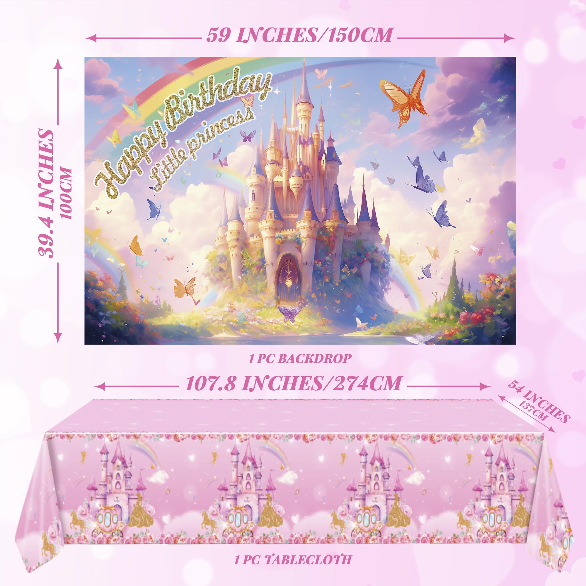 Party Spot! 208 PCS Princess Birthday Party Decorations For Girl, 12 Tableware Sets, Castle Balloons, Balloon Arch, Disposable Paper Plates, Backdrop, Balloon Pump, Princess Party Decorations