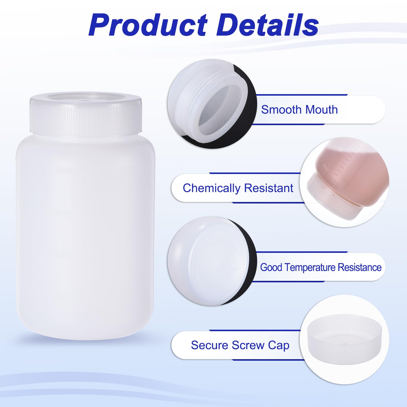 PATIKIL 2000ml Reagent Bottles, PE Wide Mouth Round Graduated Bottles with Screw Cap for Lab Water Reagent Liquids Solid Sample Storage Seal, Transparent White