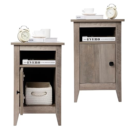 Gecheer Set of 2 Narrow Nightstand, Wooden Side Table with Open Shelf and Cabinet, Rustic End Table for Living Room, Bedroom, Grayish Brown