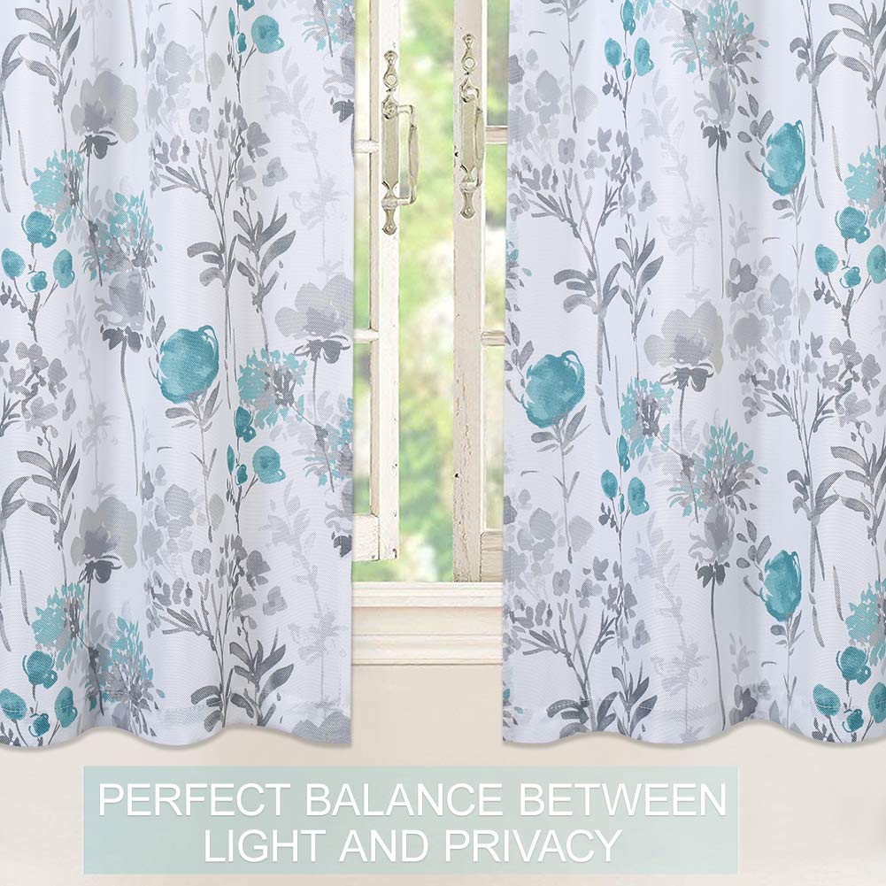 Haperlare Cafe Curtains 24 Inch, Navy Blue Leaf Flower Printed Short Tier Curtains for Kitchen Bathroom Window Curtain, Navy Blue/Light Blue