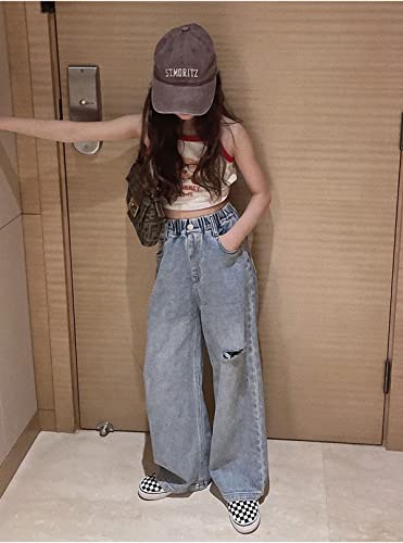 YaYabroe Kids Girls Ripped Distressed Washed Baggy Wide Leg Casual Jeans Size 5-14 yrs (11-12 Years, Blue)