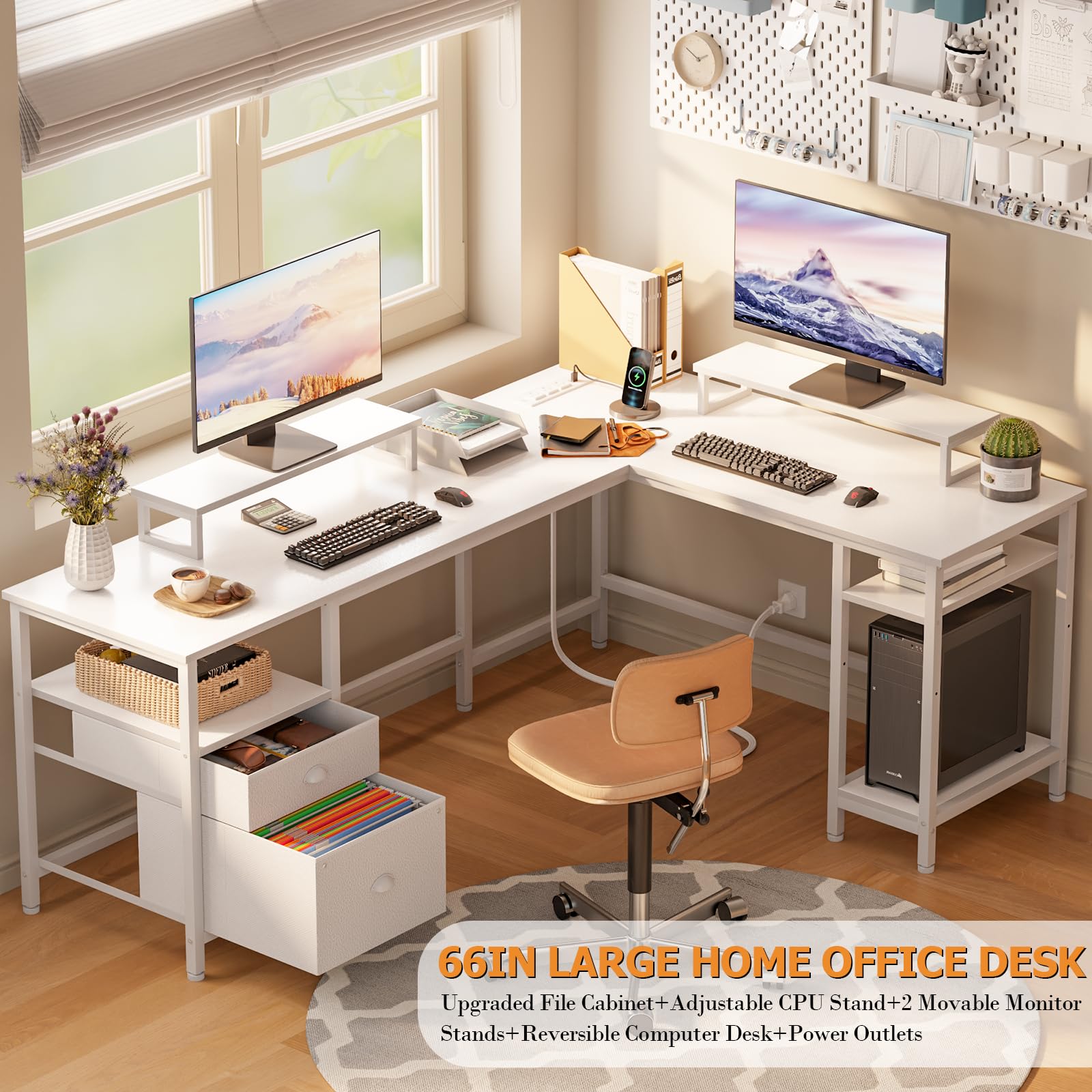 Furologee White 66” L Shaped Desk with Power Outlet, Reversible Computer Desk with File Drawer & 2 Monitor Stands, Home Office Desk with Storage Shelves, Corner Desk for Gaming Writing