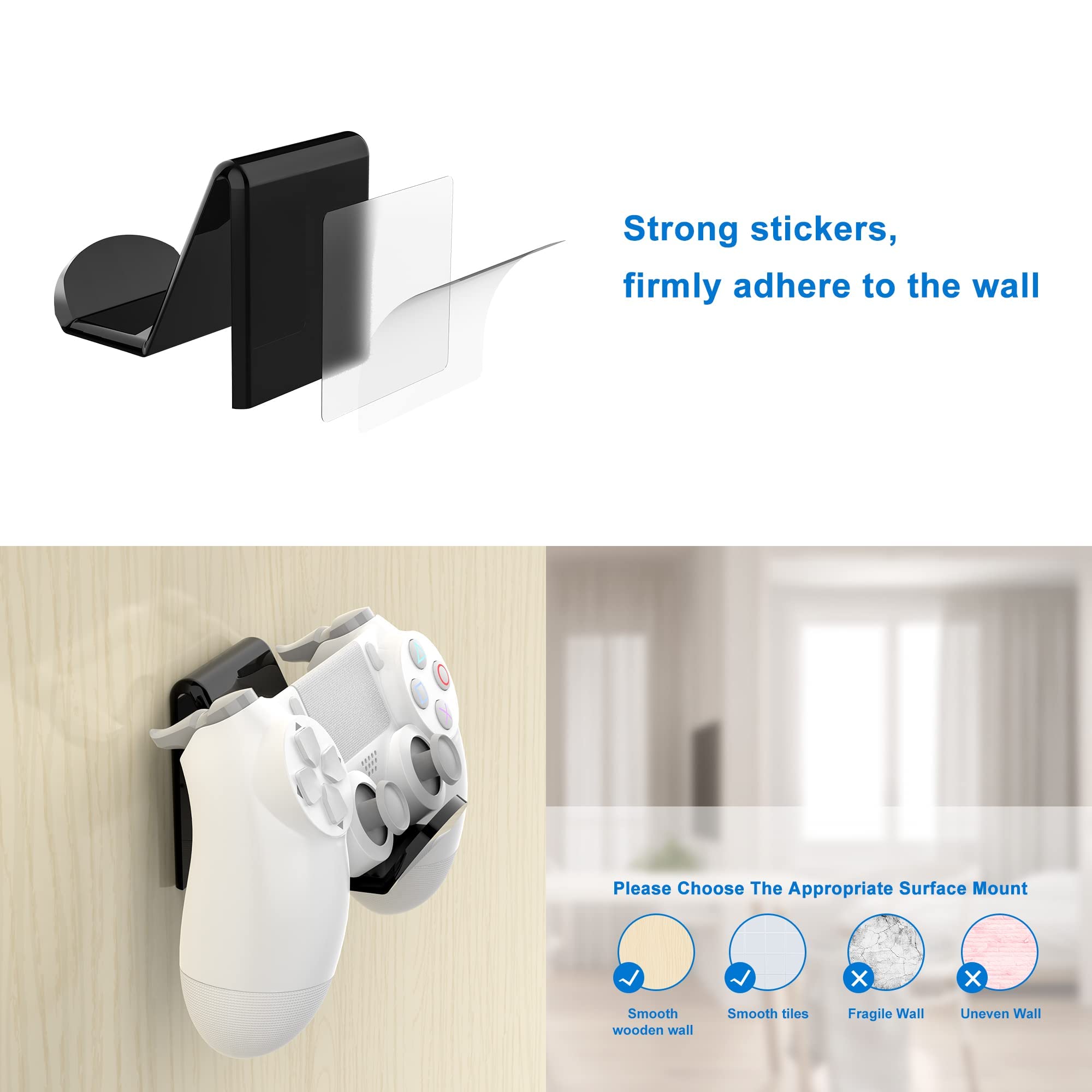 Game Controller Stand Holder Wall Mount - 2 Pack for Gaming&Audio Headsets Holder Hook, Controller Headset Stand Holder for PS5/PS4/Xbox Gamer Gifts,No Screws, Easy to Install (Black)