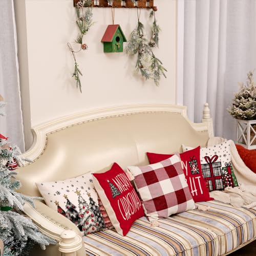 GEEORY Christmas Pillow Covers 18 x 18 Inch Set of 4, Snowflake Xmas Tree Present Merry Bright Holiday Decor Decorative Throw Cushion Cases Winter Decoration for Home Party Sofa Couch (Red)