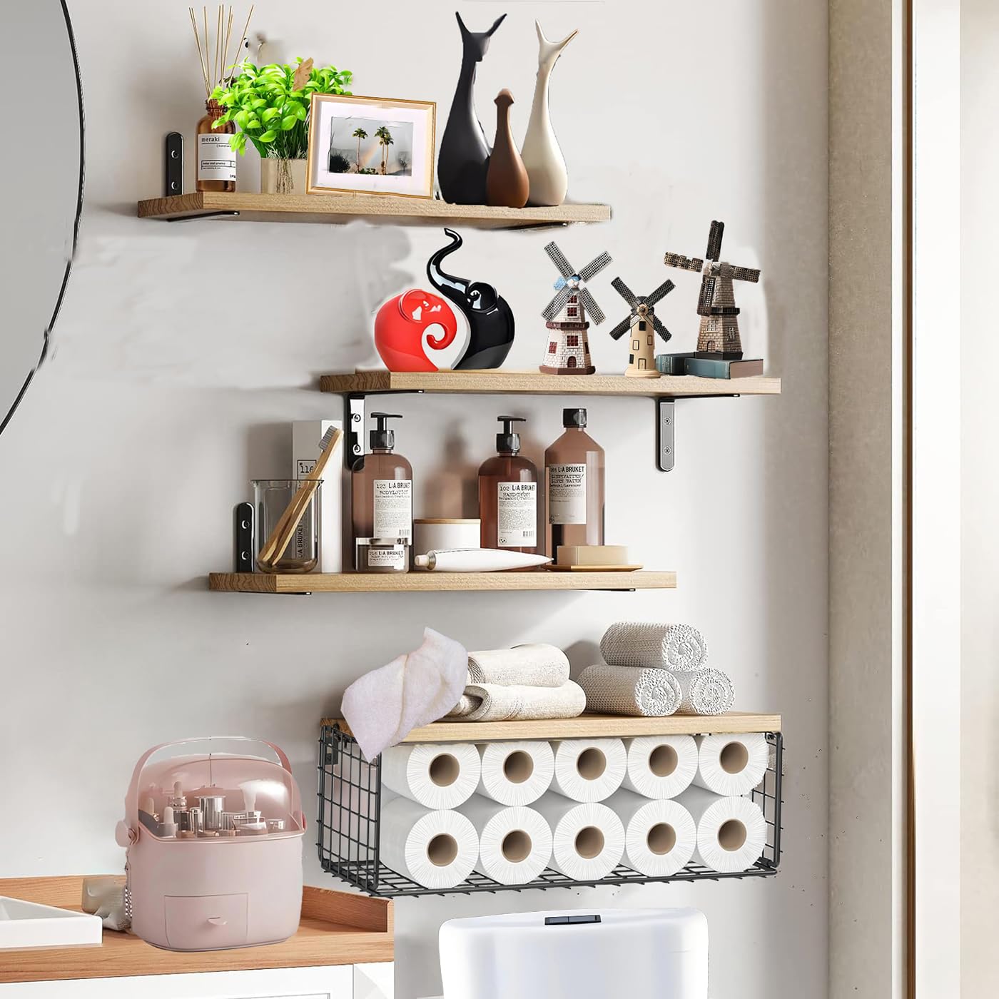 RUIJUXIN 4+1 Tier Floating Shelves, Floating Bathroom Shelf Wall Mounted with Wire Basket, Bathroom Shelfves Over Toilet, Farmhouse Wall Decor Plants